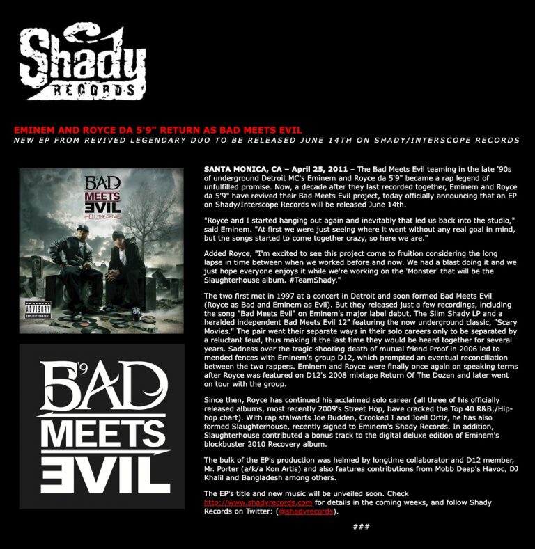 EMINEM AND ROYCE DA 5’9″ RETURN AS BAD MEETS EVIL
