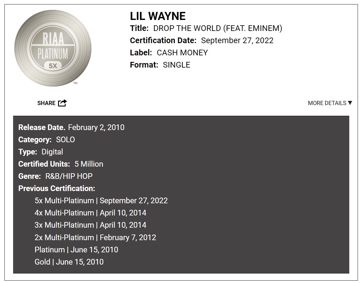 Lil Wayne — “Drop The World” feat. Eminem Certified 5x Platinum in US
