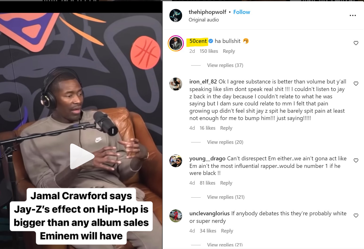 50 Cent Calls Bullshit on Claim That Jay-Z Made More Impact on Hip Hop Than Eminem