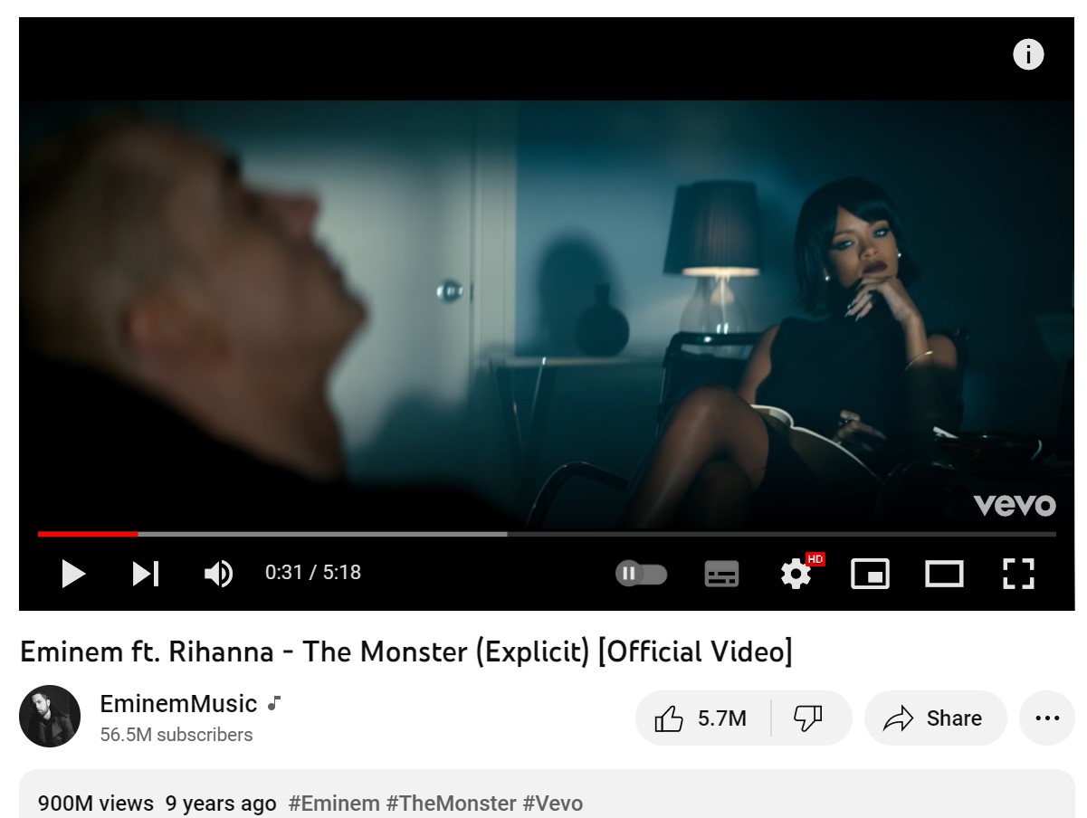 Eminem — “The Monster” feat. Rihanna Surpassed 900 Million Views on YouTube