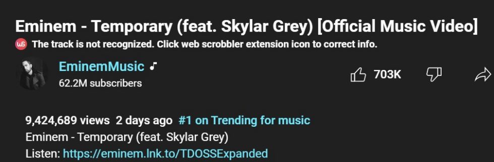 Eminem — “Temporary” Music Video Hits No.1 in US