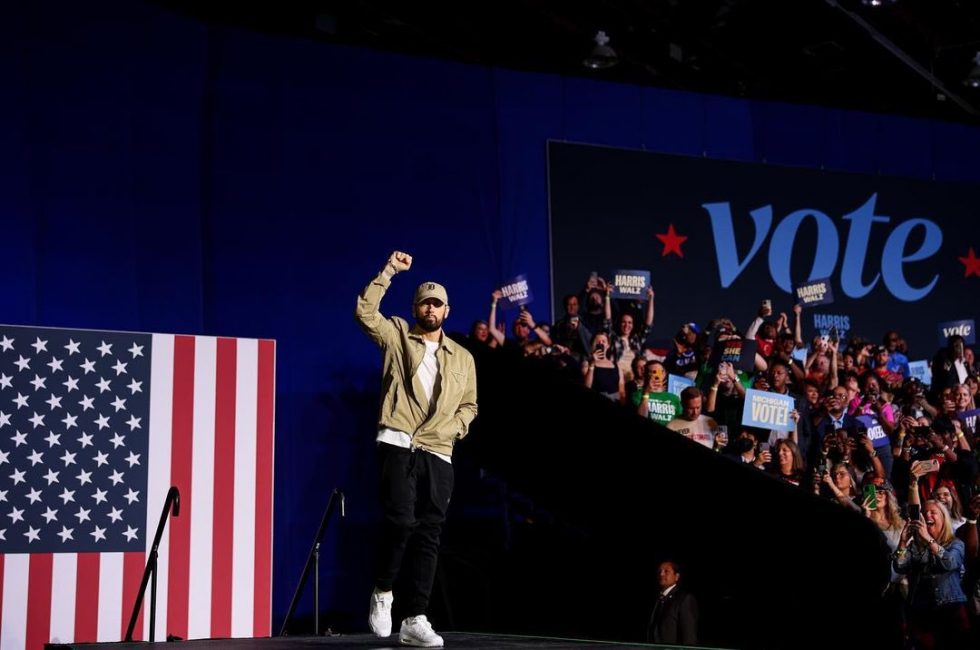 Eminem Urges Detroit to Vote as He Introduces Obama at Harris Rally